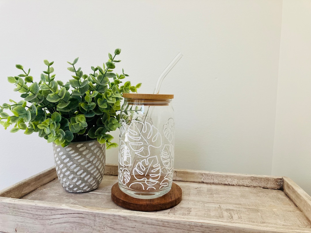 Monstera Personalized Libbey Glass With Straw and Lid, Libbey Glass Can ...