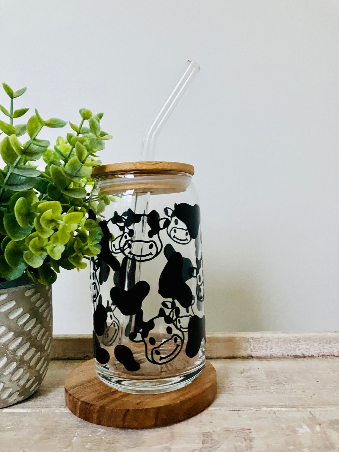 Cow Face Personalized Libbey Glass With Straw and Lid - Libbey Glass ...