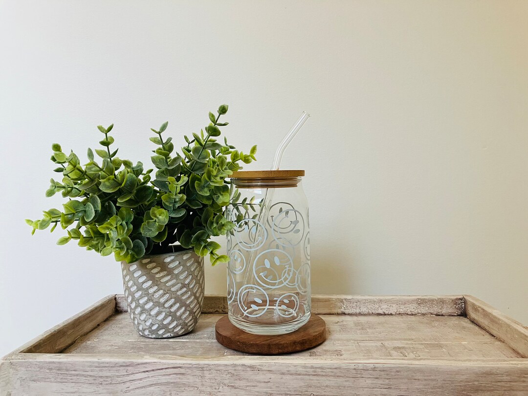 Smiley Face Personalized Libbey Glass With Straw And Lid Libbey Glass Can Libbey Glass
