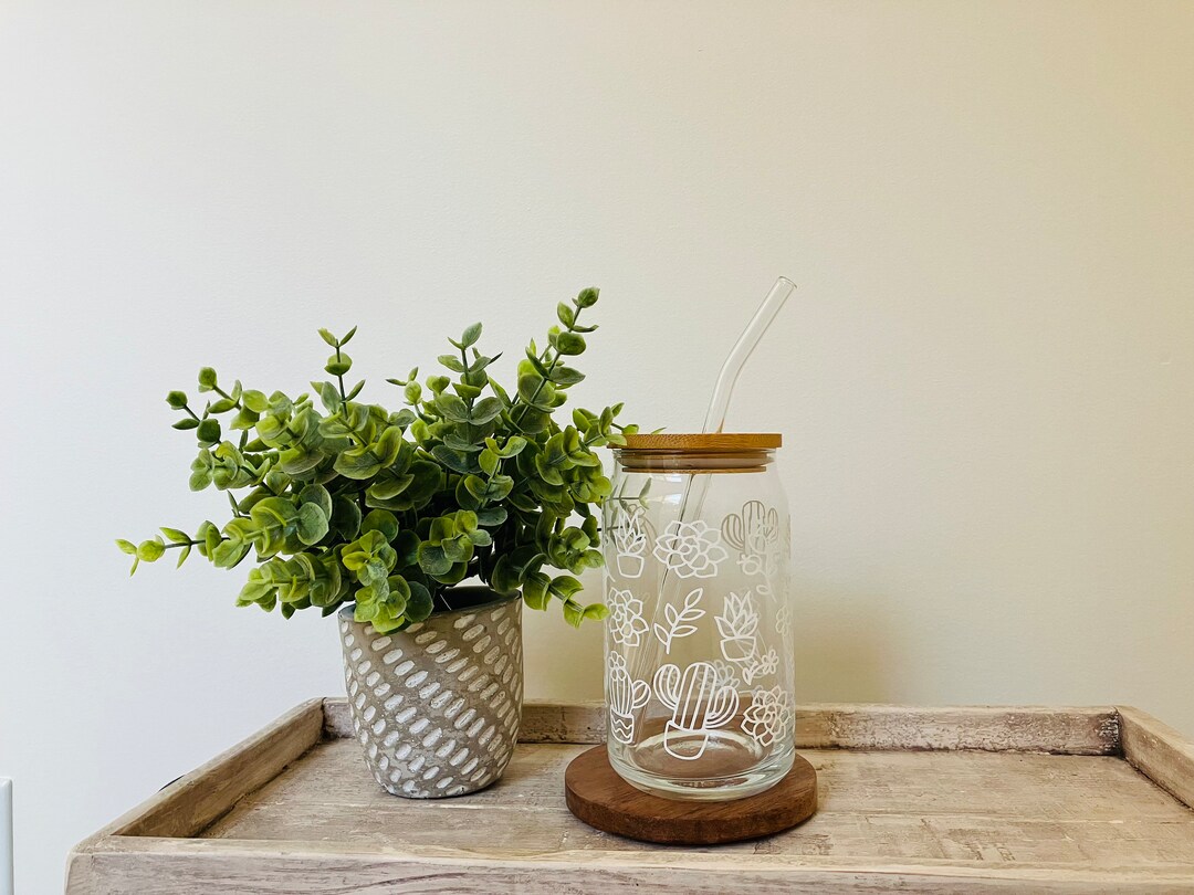 Succulent Personalized Libbey Glass With Straw and Lid - Libbey Glass ...