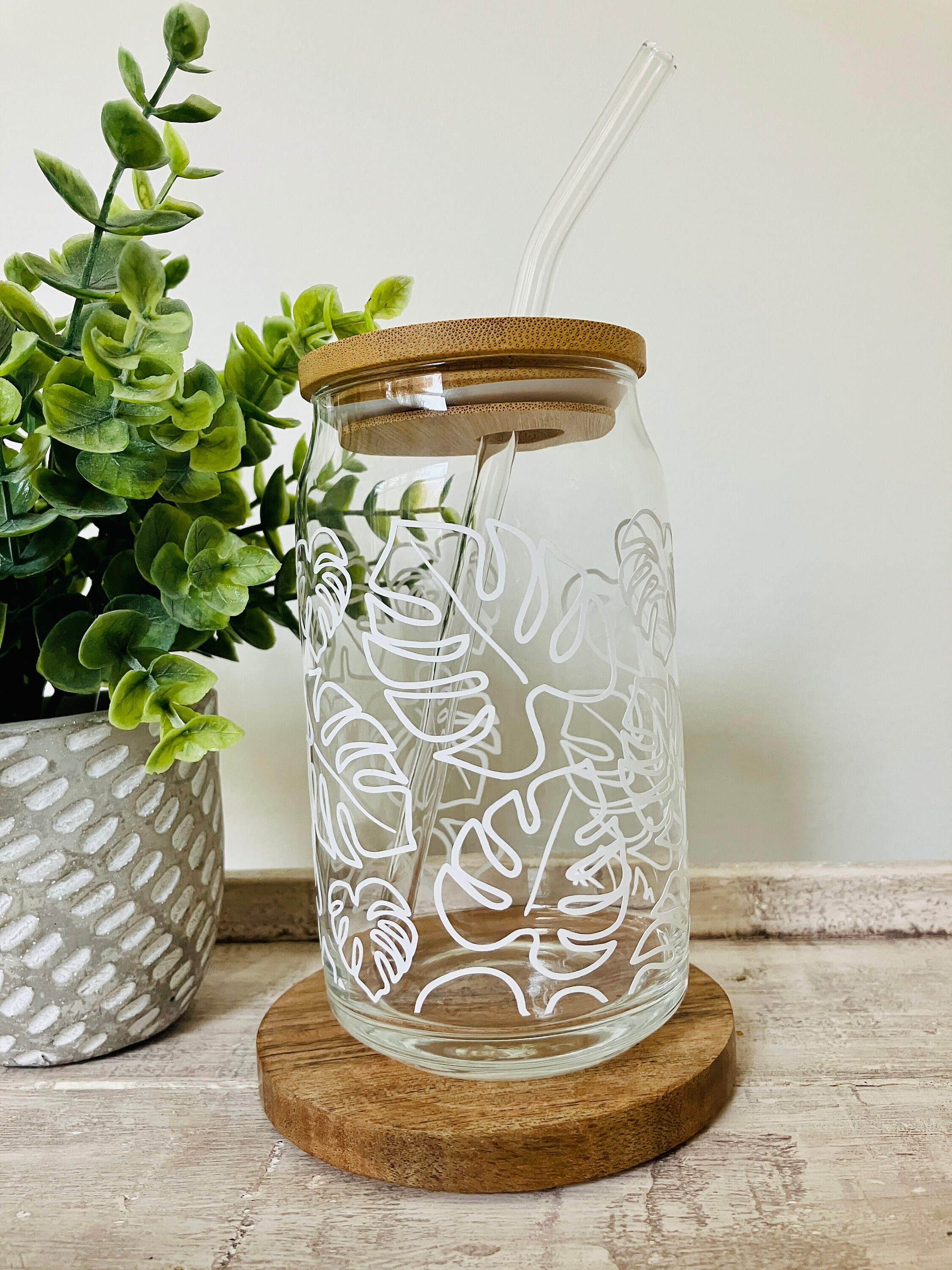 Monstera Personalized Libbey Glass With Straw and Lid, Libbey Glass Can ...