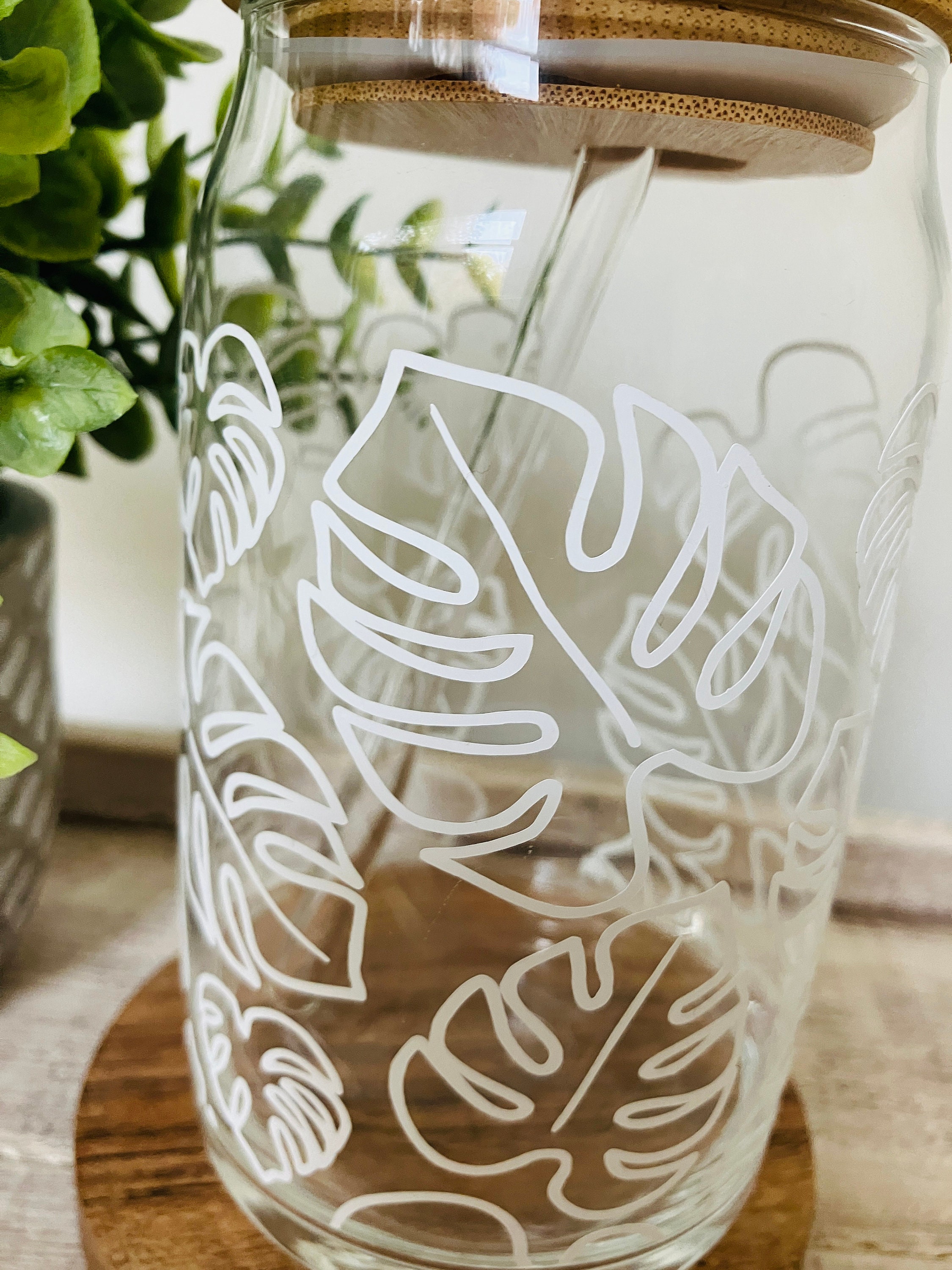 Monstera Personalized Libbey Glass With Straw and Lid, Libbey Glass Can ...