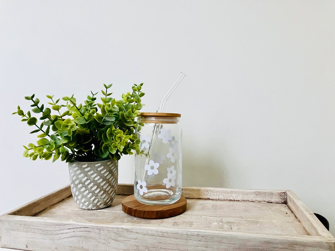 Reto Flower Personalized Libbey Glass With Straw and Lid - Libbey Glass ...