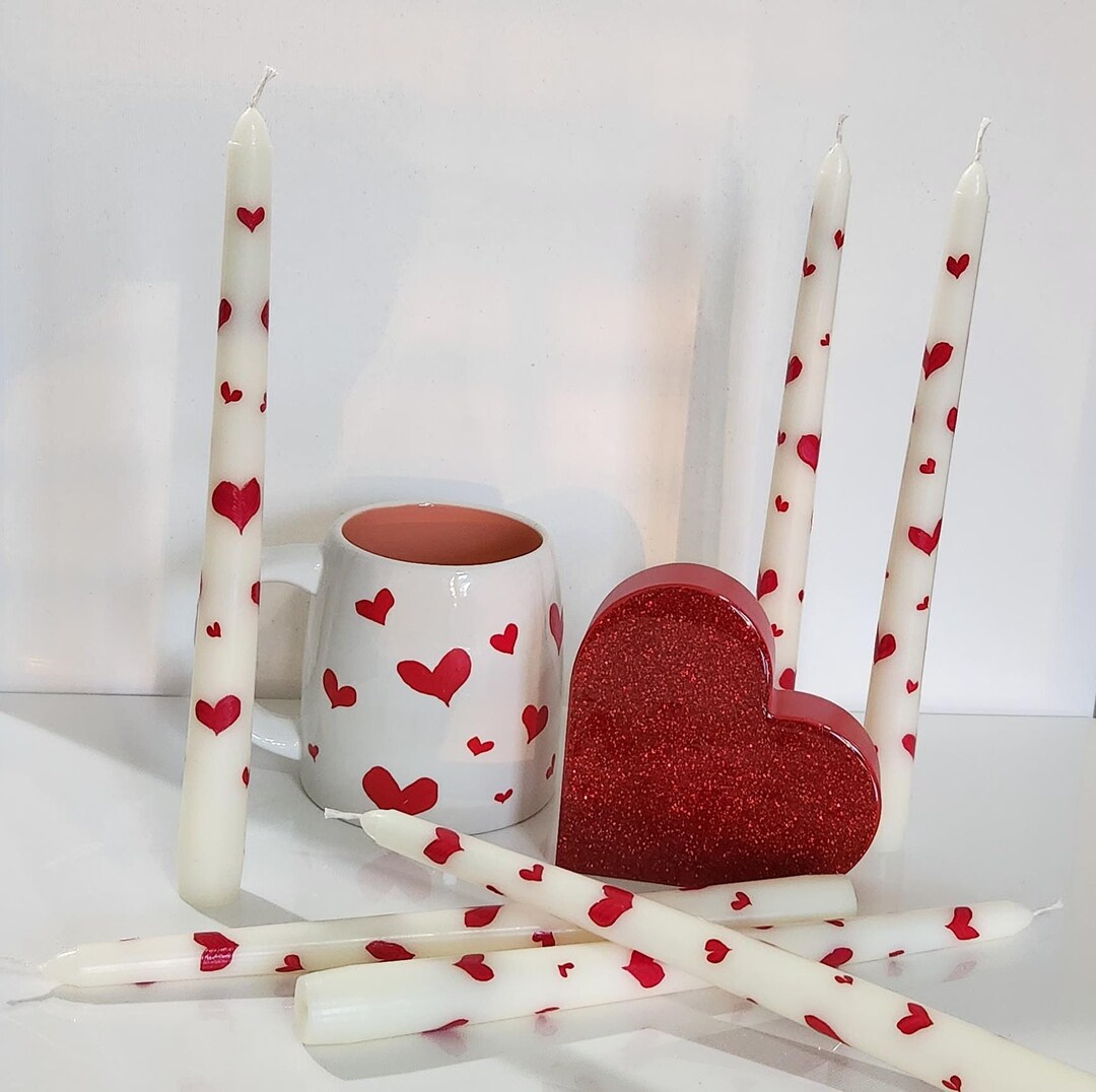Hand Painted Valentine's Candle, Valentine's Day Candle, Red Hearts ...
