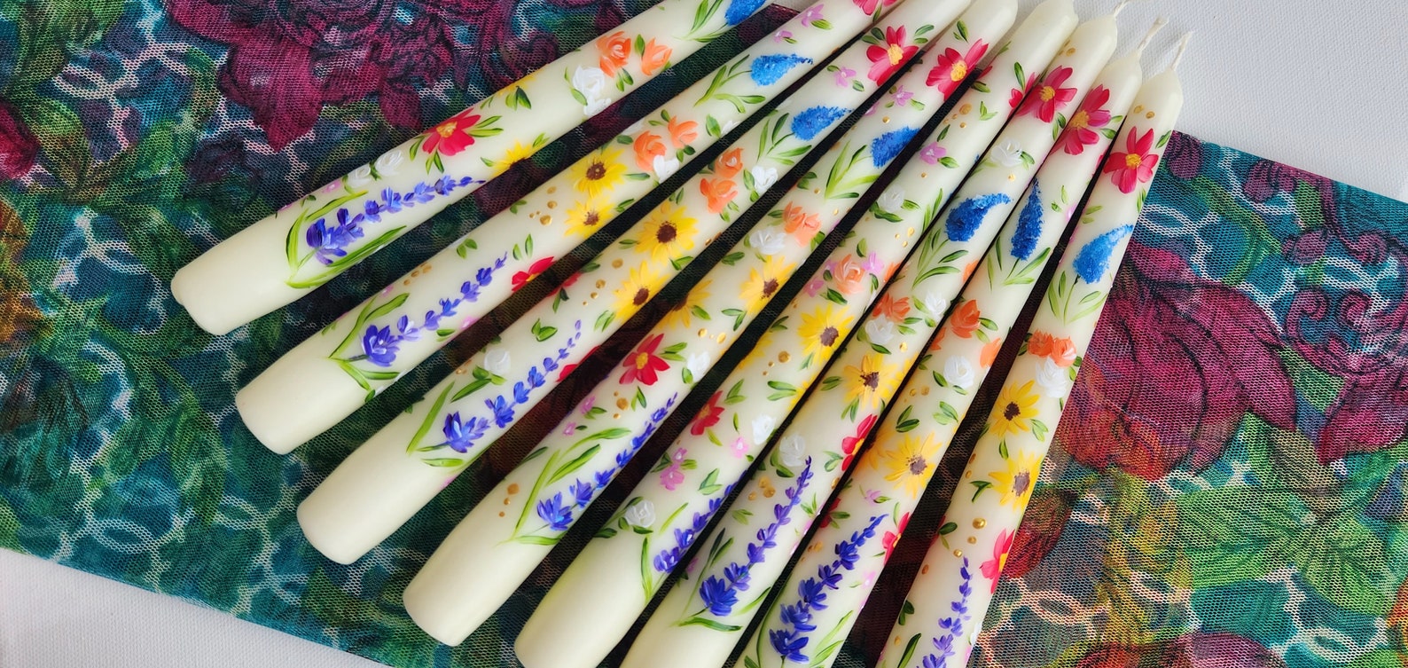 Hand Painted Spring Flower Candles, Bespoke, Painted Wedding Candles ...
