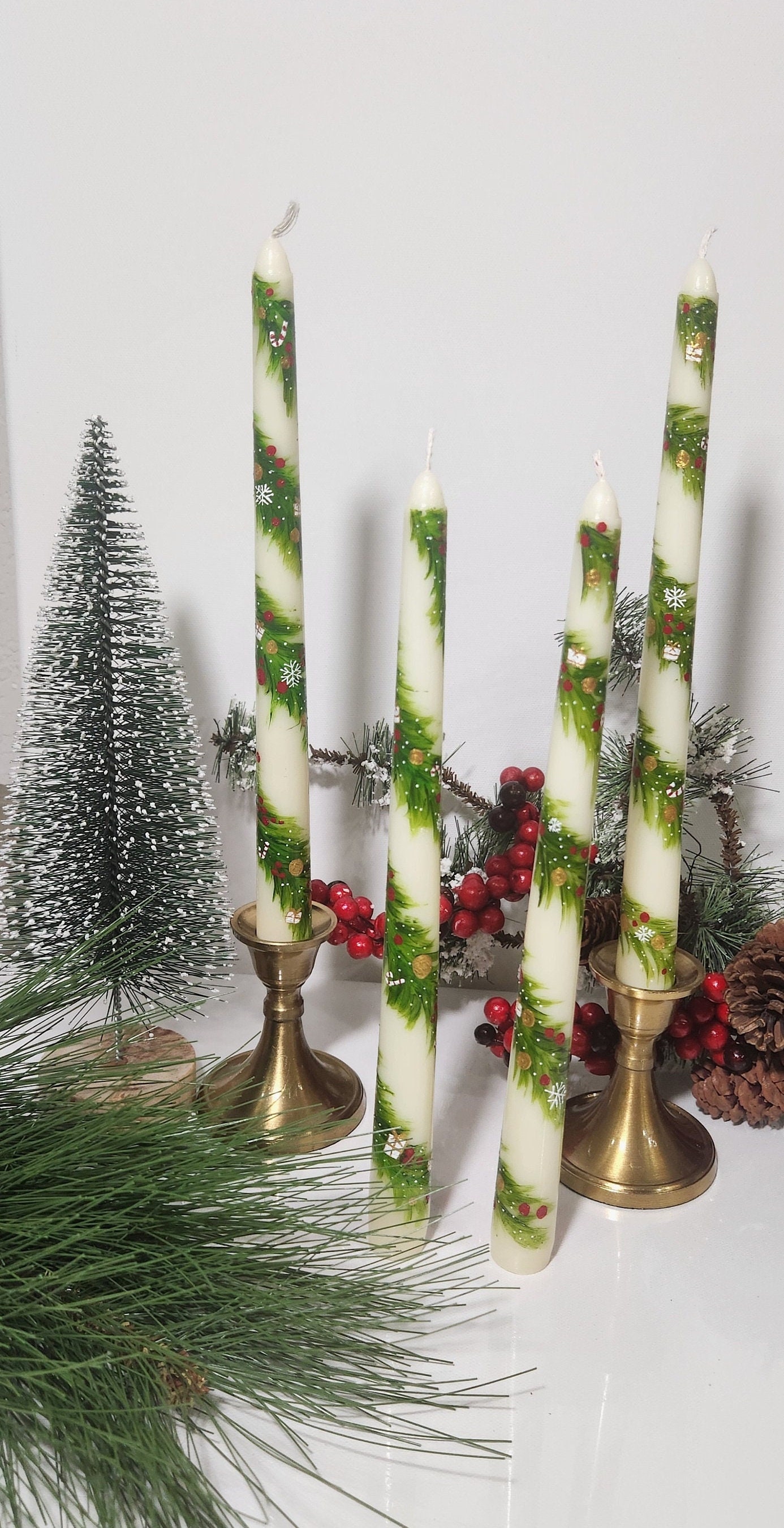 Hand-painted Taper Candles, Christmas Candles, Set of 2 Christmas Taper ...