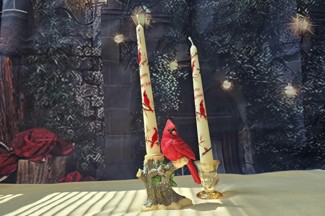 Cardinal Bird Candles Hand Painted, Christmas Candlesticks , Set of 2 ...