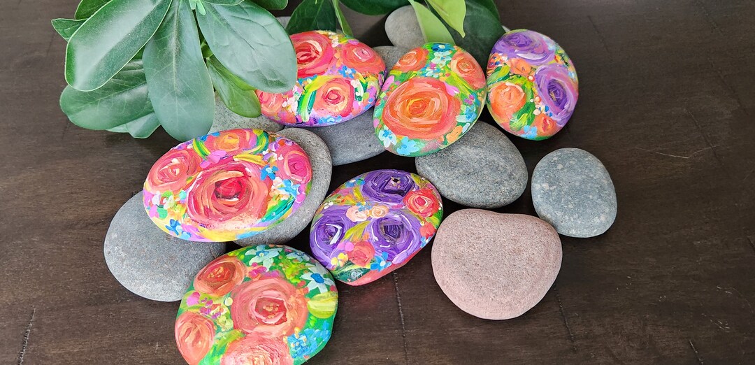 Hand Painted Rocks, Floral Rocks, Gift, Garden Painted Flowers Rocks ...