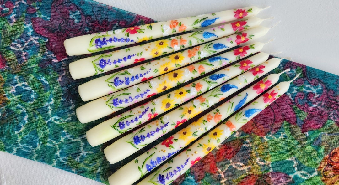 Hand Painted Spring Flower Candles, Bespoke, Painted Wedding Candles ...