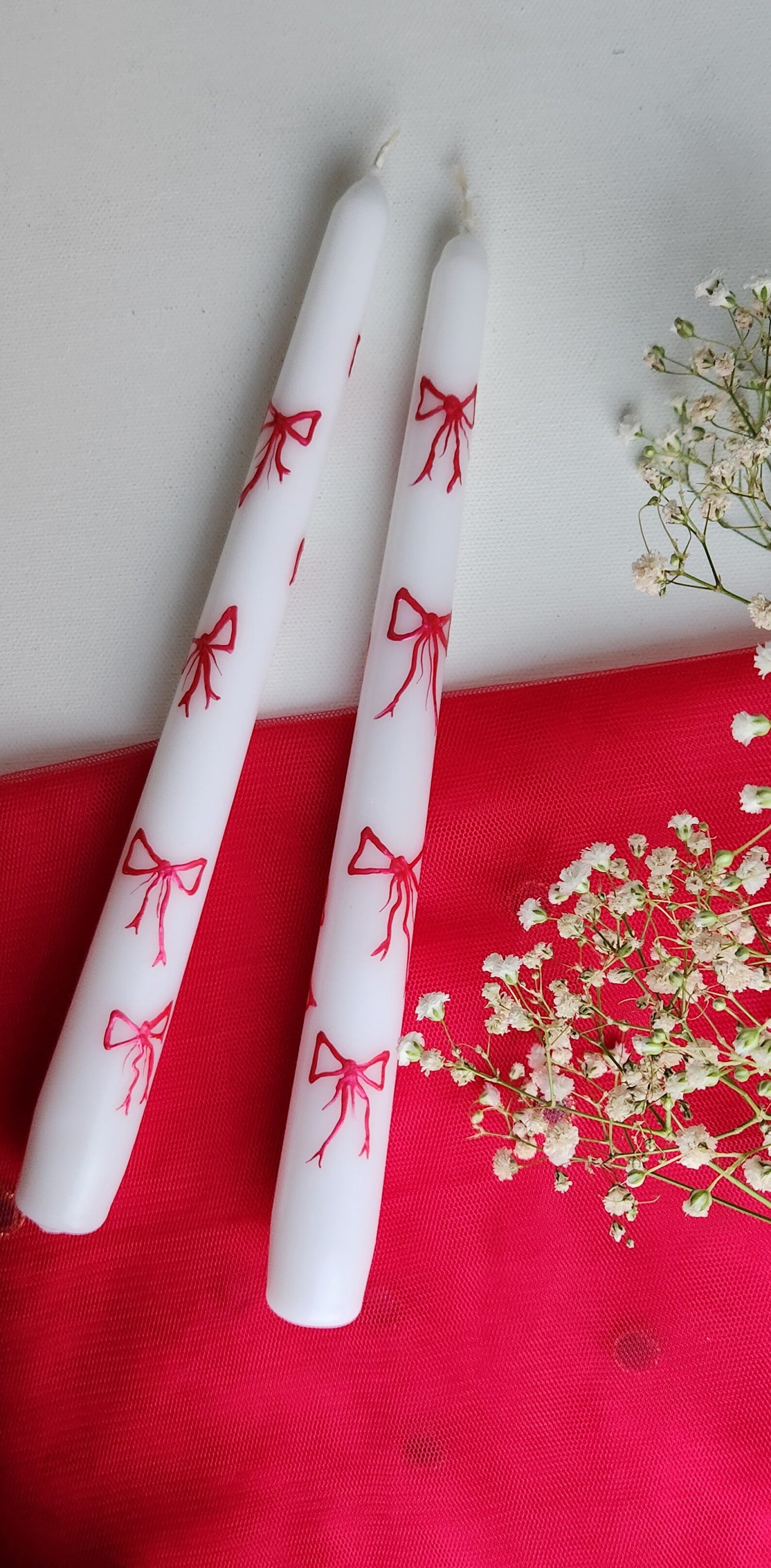 Hand Painted Ribbon Bow Tapered Candle, Baby Shower Candle, Pink Bow ...