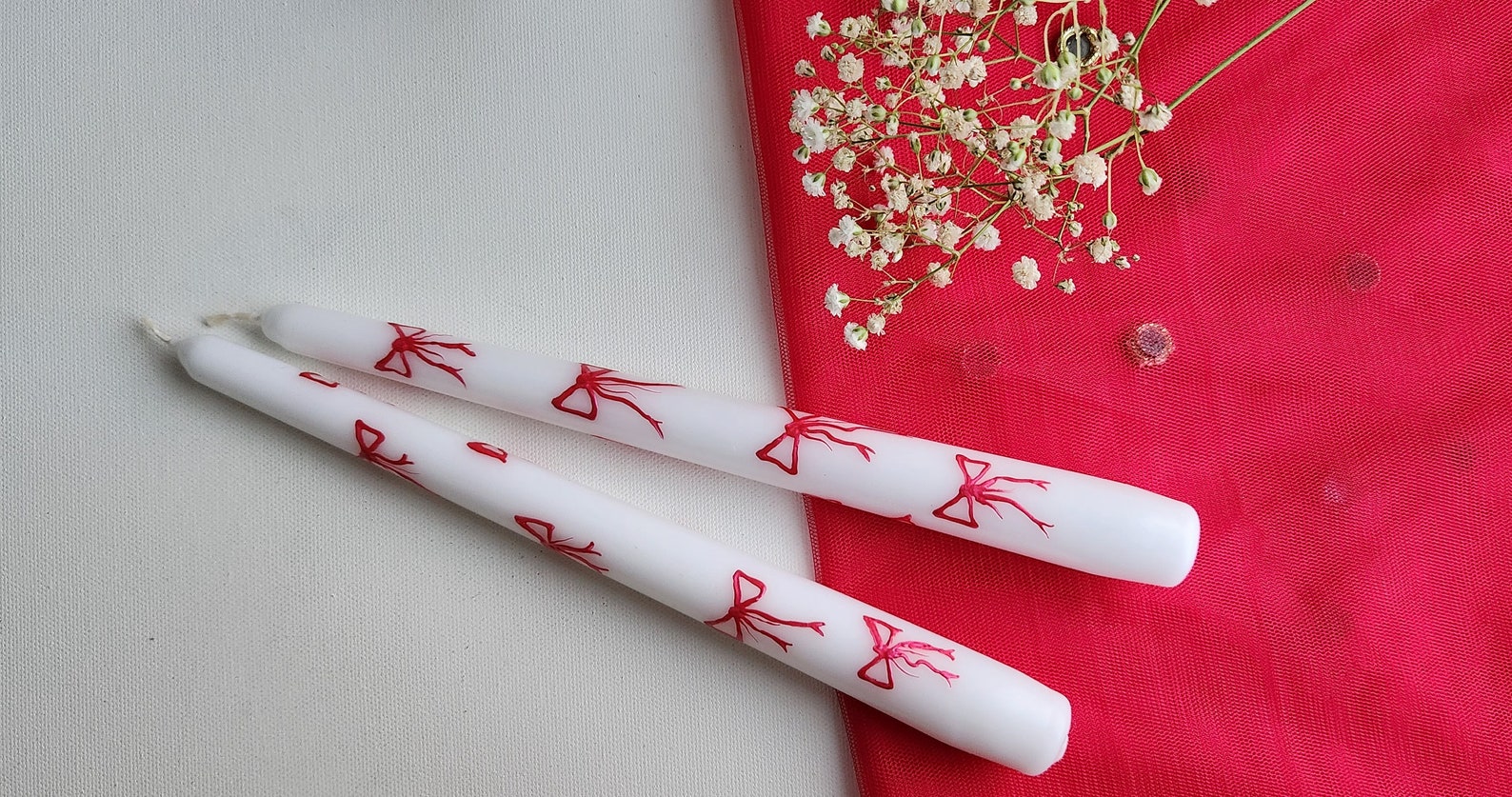 Hand Painted Ribbon Bow Tapered Candle, Baby Shower Candle, Pink Bow ...