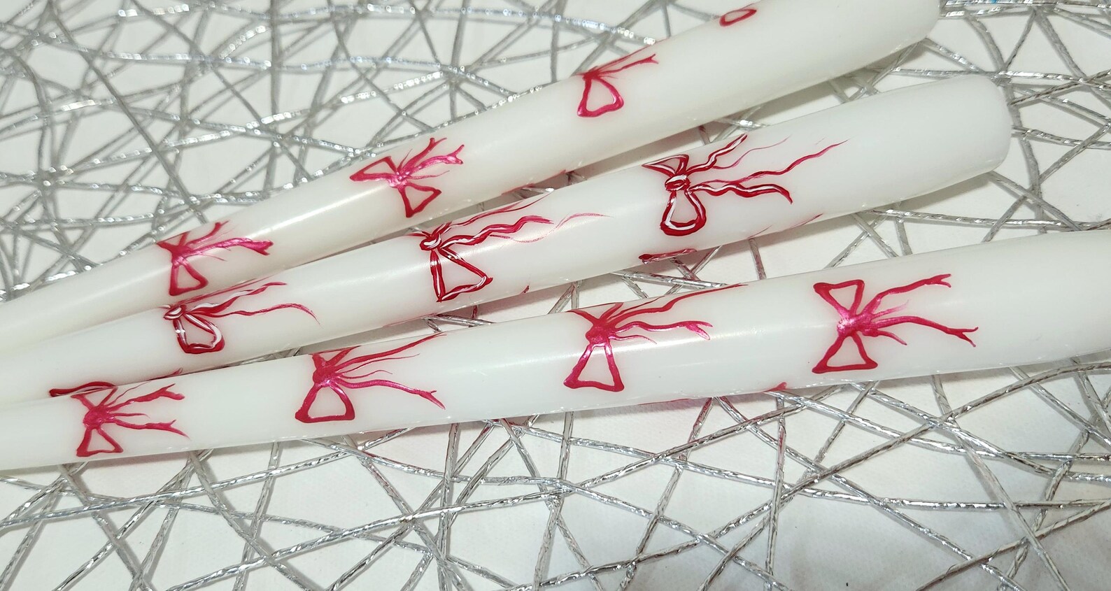 Hand Painted Ribbon Bow Tapered Candle, Baby Shower Candle, Pink Bow ...