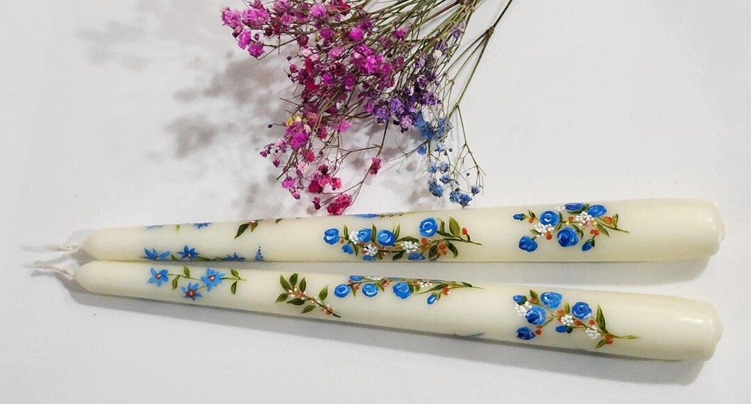 Hand Painted Candles, Set of Painted Taper Candles, Blue Wedding Floral ...