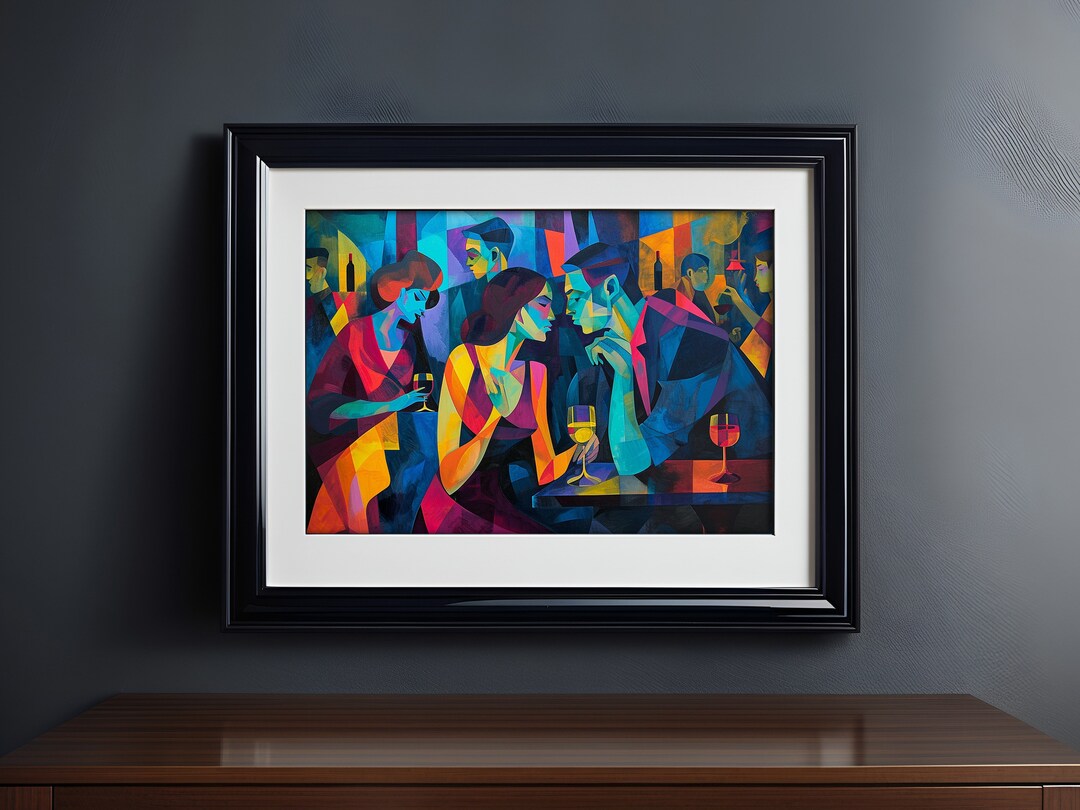 Cubism Style Love Art Print: Colorful Dinner Date Painting (digital ...