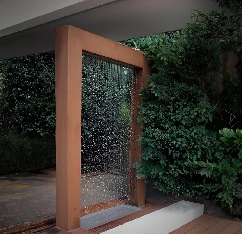 Corten Steel Rainfall Water Feature: Modern Outdoor Fountain, Custom ...