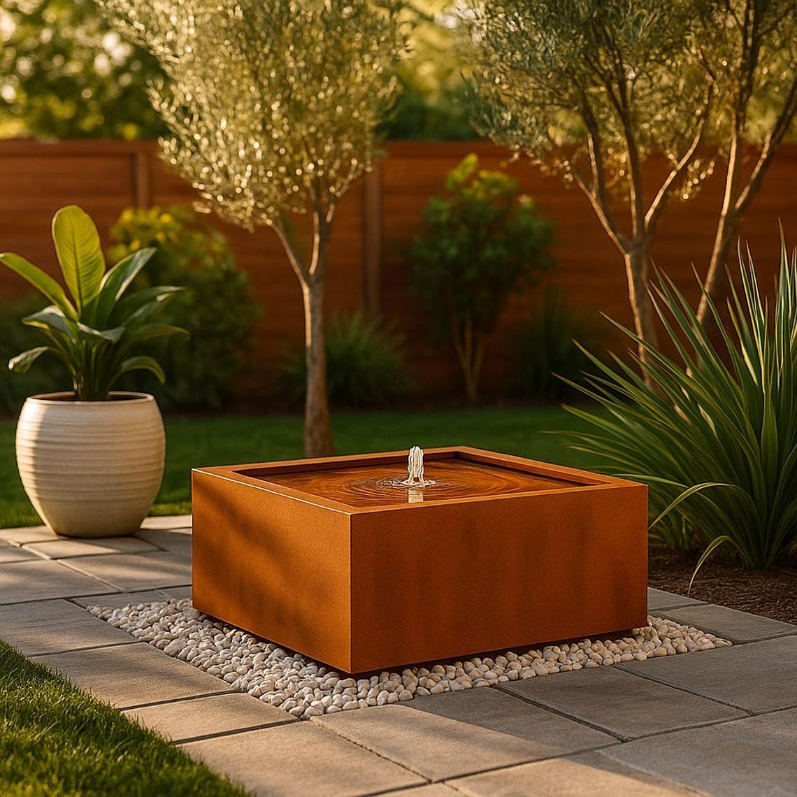 Corten Steel Square Water Feature: Modern Outdoor Fountain, Custom ...