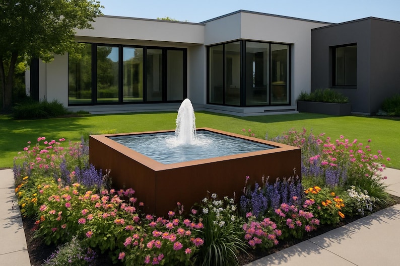 Corten Steel Square Water Feature: Modern Outdoor Fountain, Custom ...