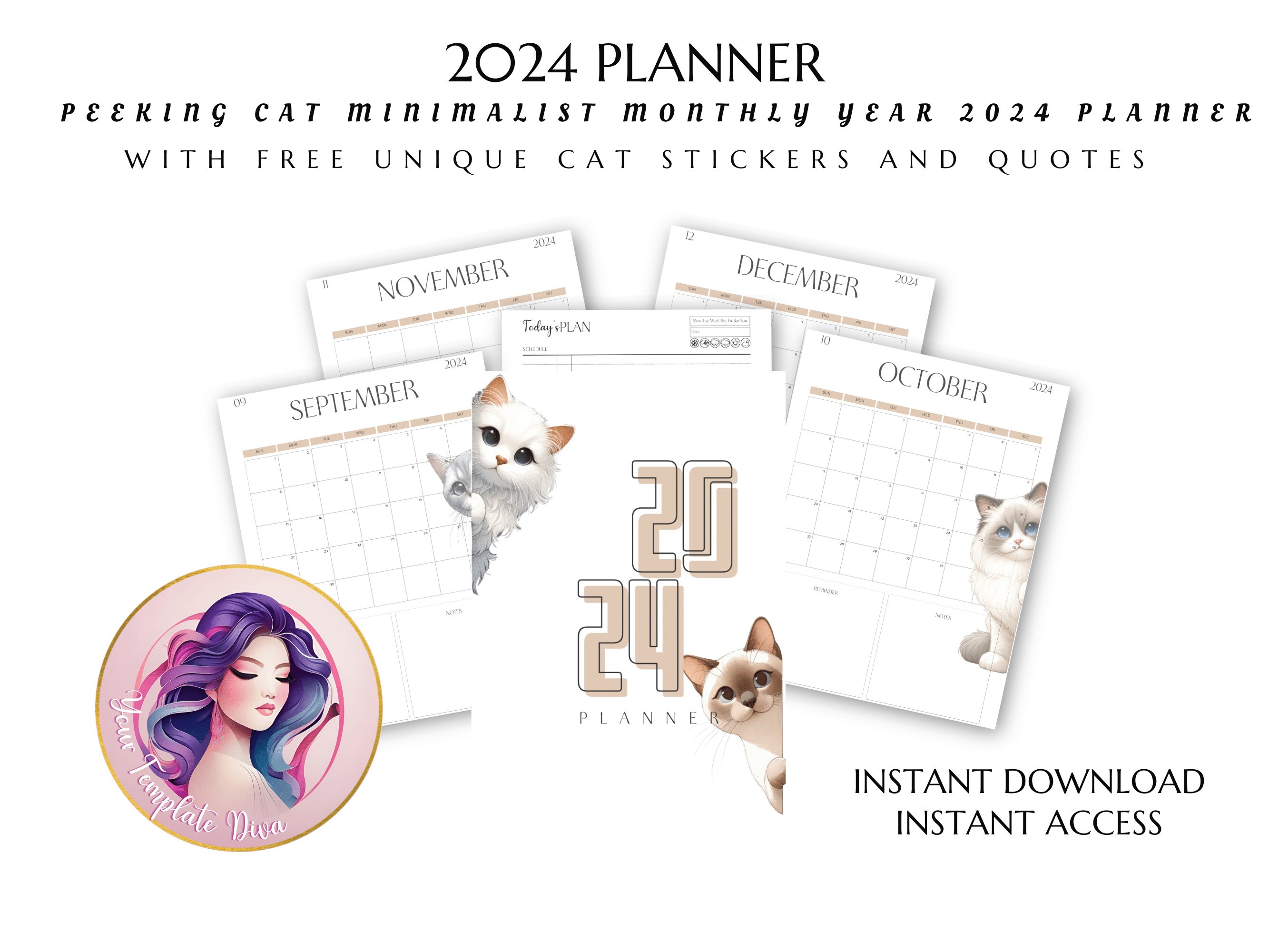 2024 Peeking Cats Planner With PLR & MRR Minimalist Cat-themed ...