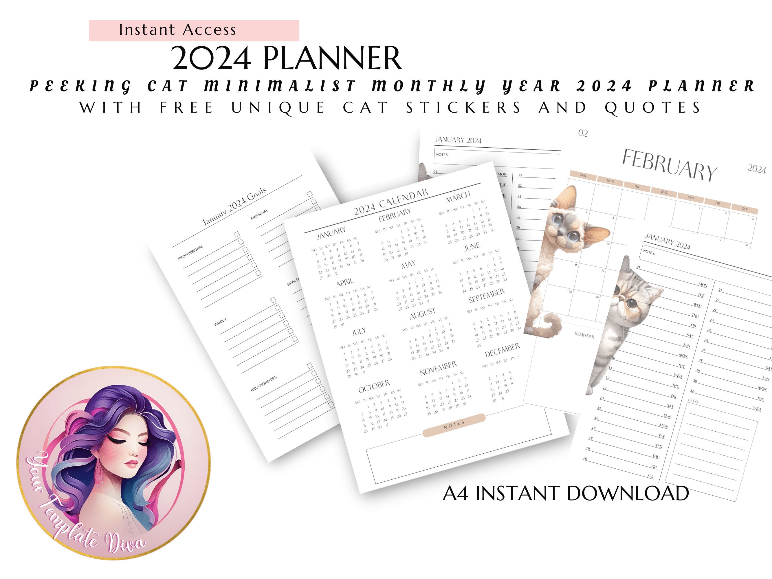 2024 Peeking Cats Planner With PLR & MRR Minimalist Cat-themed ...