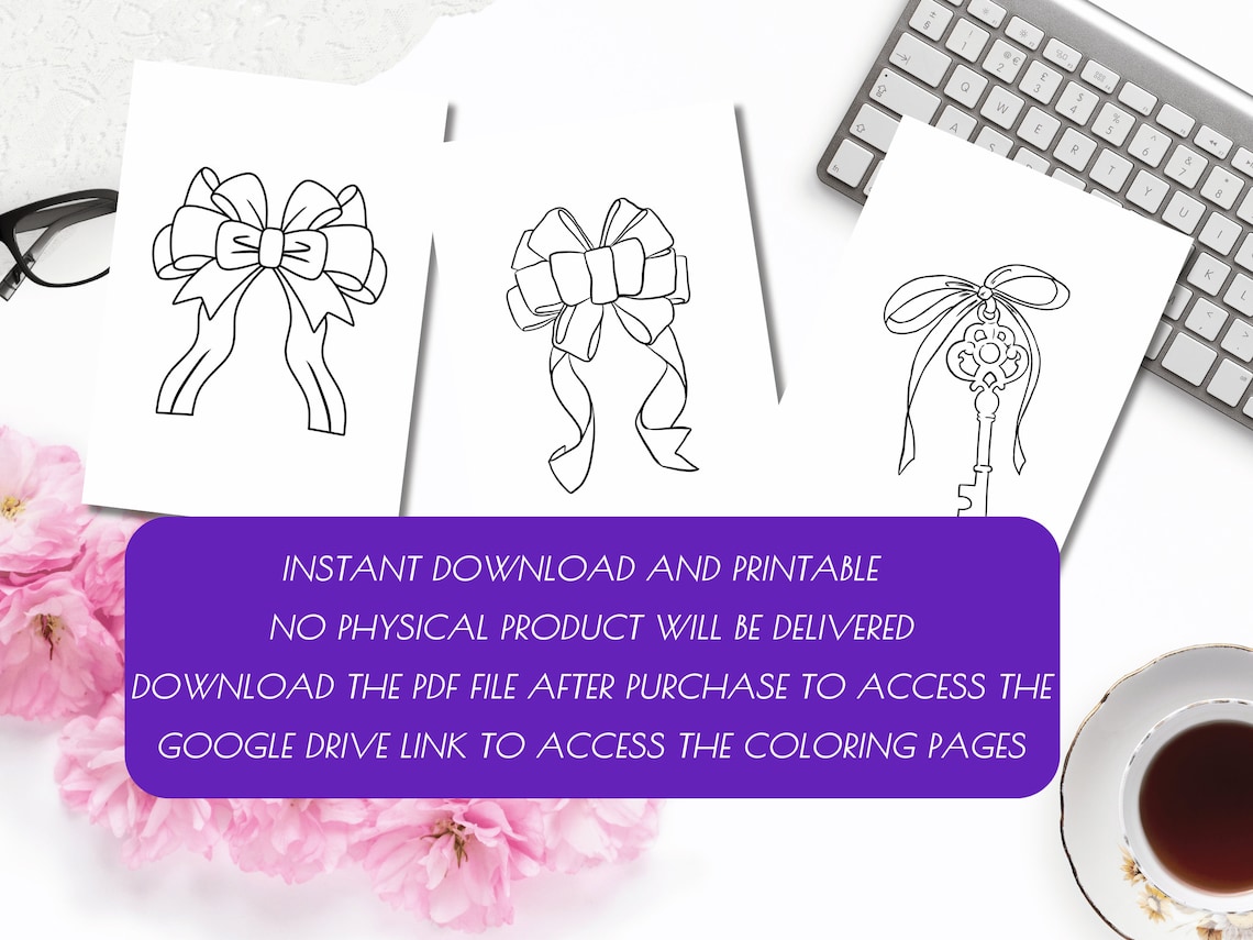 50 Coquette Ribbons and Bows Coloring Pages Printable PDF Perfect for ...