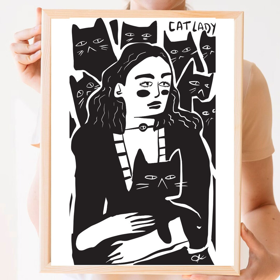 Cat Lad Poster Printables Cat Lover Black Cat Art Wall Art Decor Retro ...