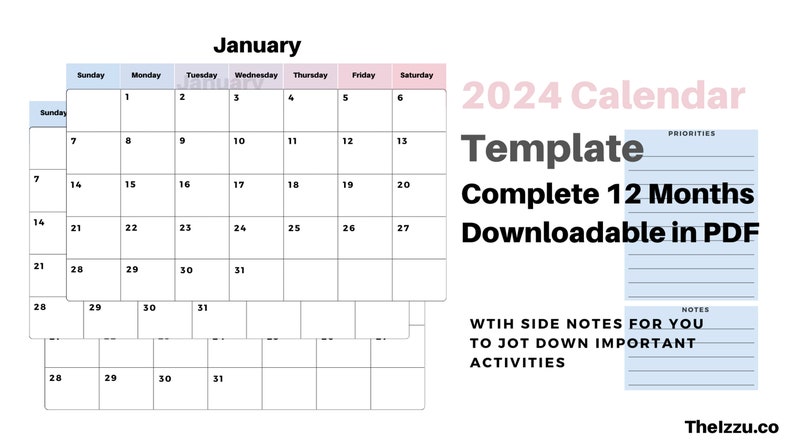 Printable 2024 Monthly Calendar || 2024 Calendar || Coloured || Notepad ...