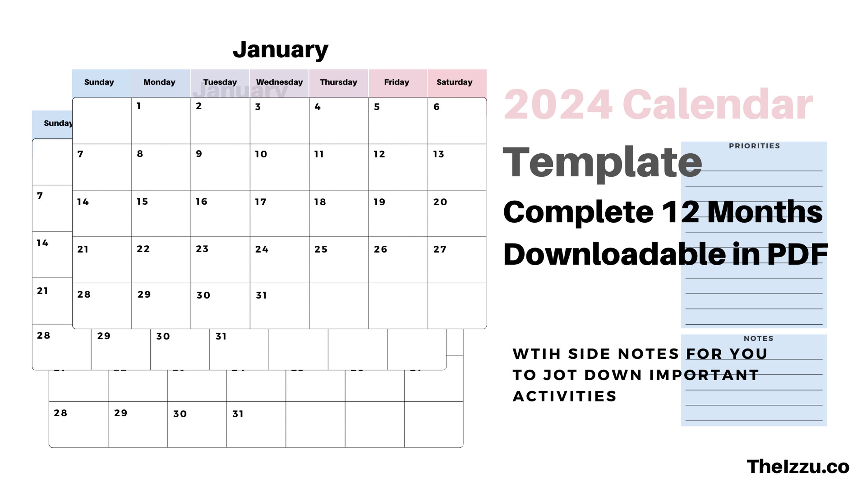 Printable 2024 Monthly Calendar || 2024 Calendar || Coloured || Notepad ...
