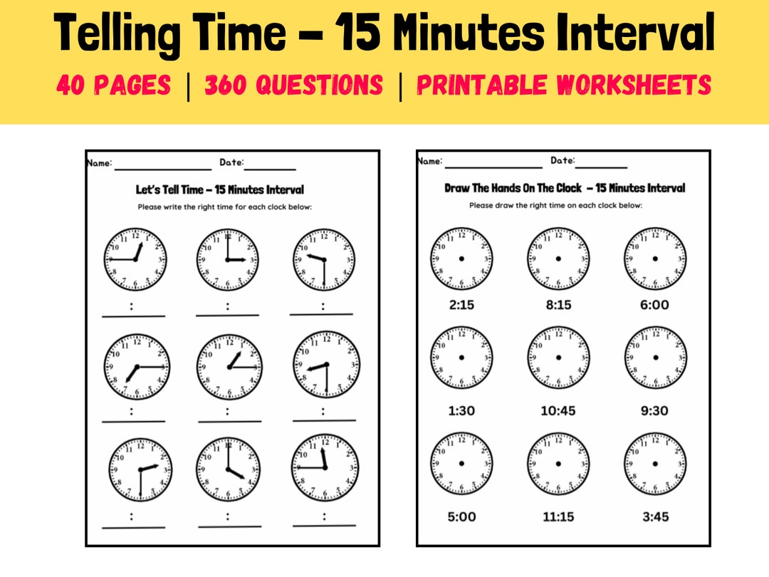 Printable Telling Time 15 Minutes Interval Worksheets Math - Etsy