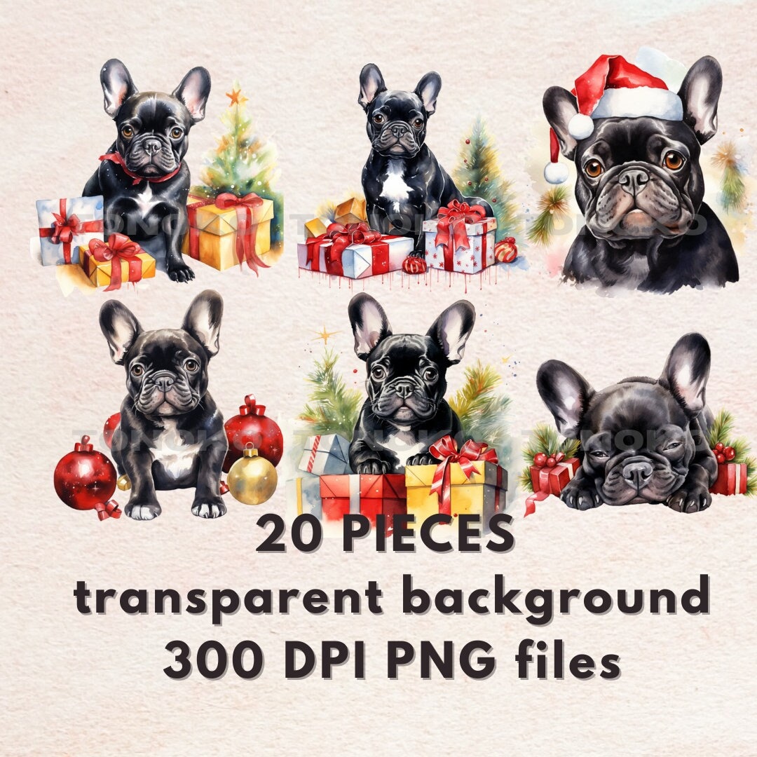 20 Christmas French Bulldog Dog Clipart Watercolor Cute Frenchie Dog ...