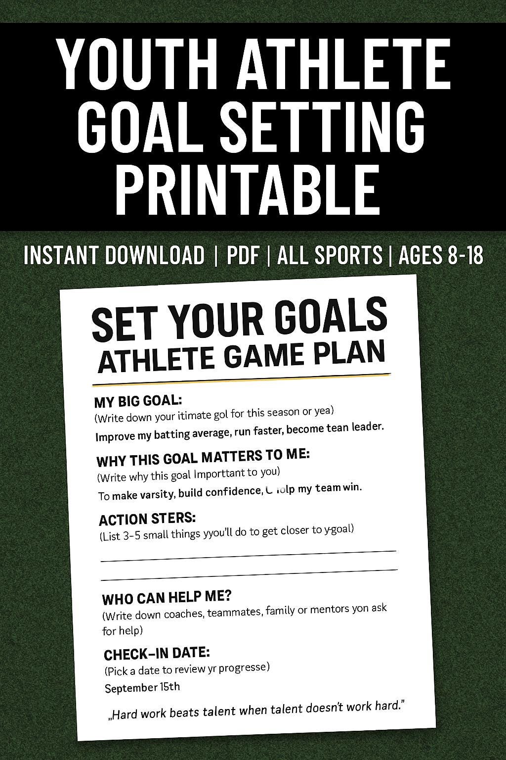 Youth Athlete Goal Setting Worksheet | Printable Sports Goal Tracker ...