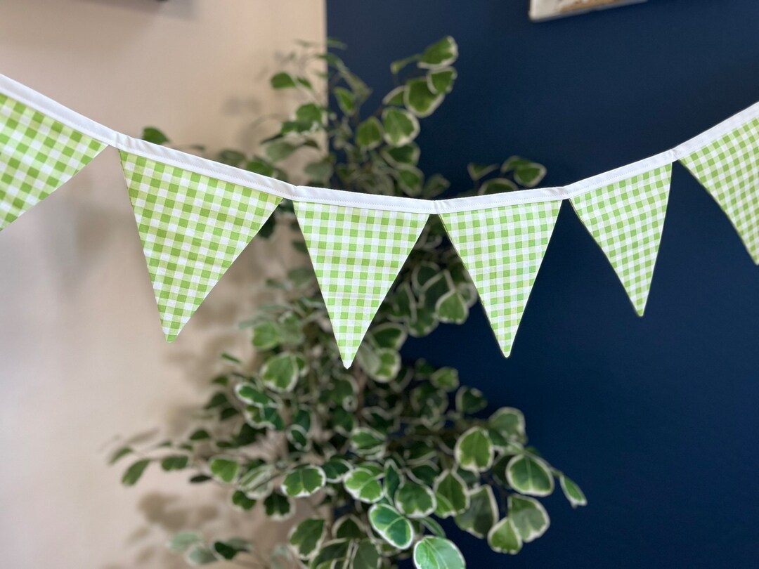 Spring Banner, Fabric Bunting for Spring, Gingham Banner, Green and ...