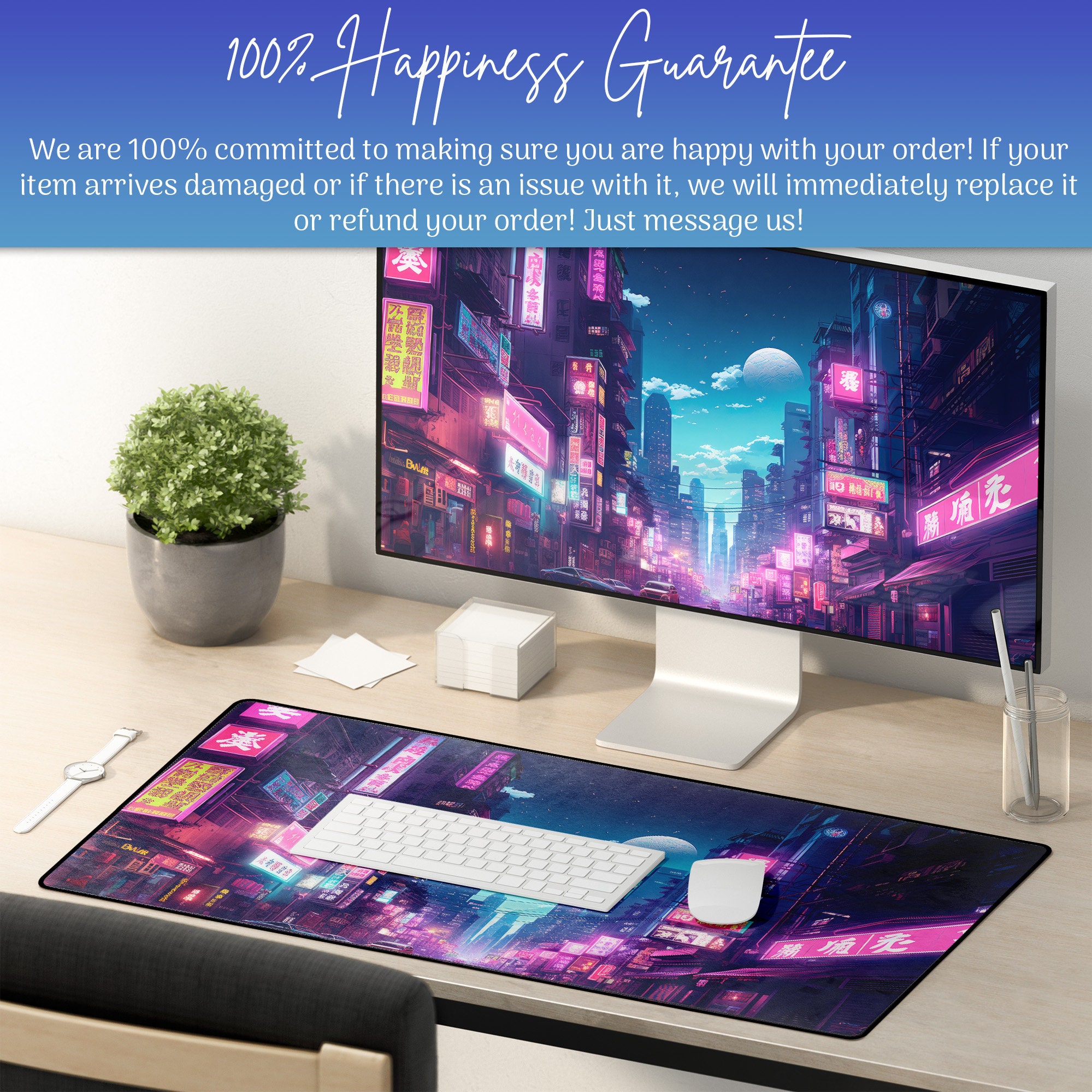 Tokyo Anime City Desk Mat, Lofi Desk Mat, Vaporwave Neoprene Gaming Mat ...