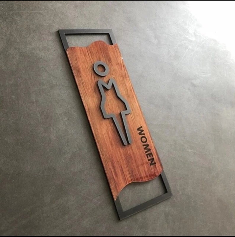 Bathroom Sign With Raised Figures, Laser Cut Acrylic on Wood, Restroom ...