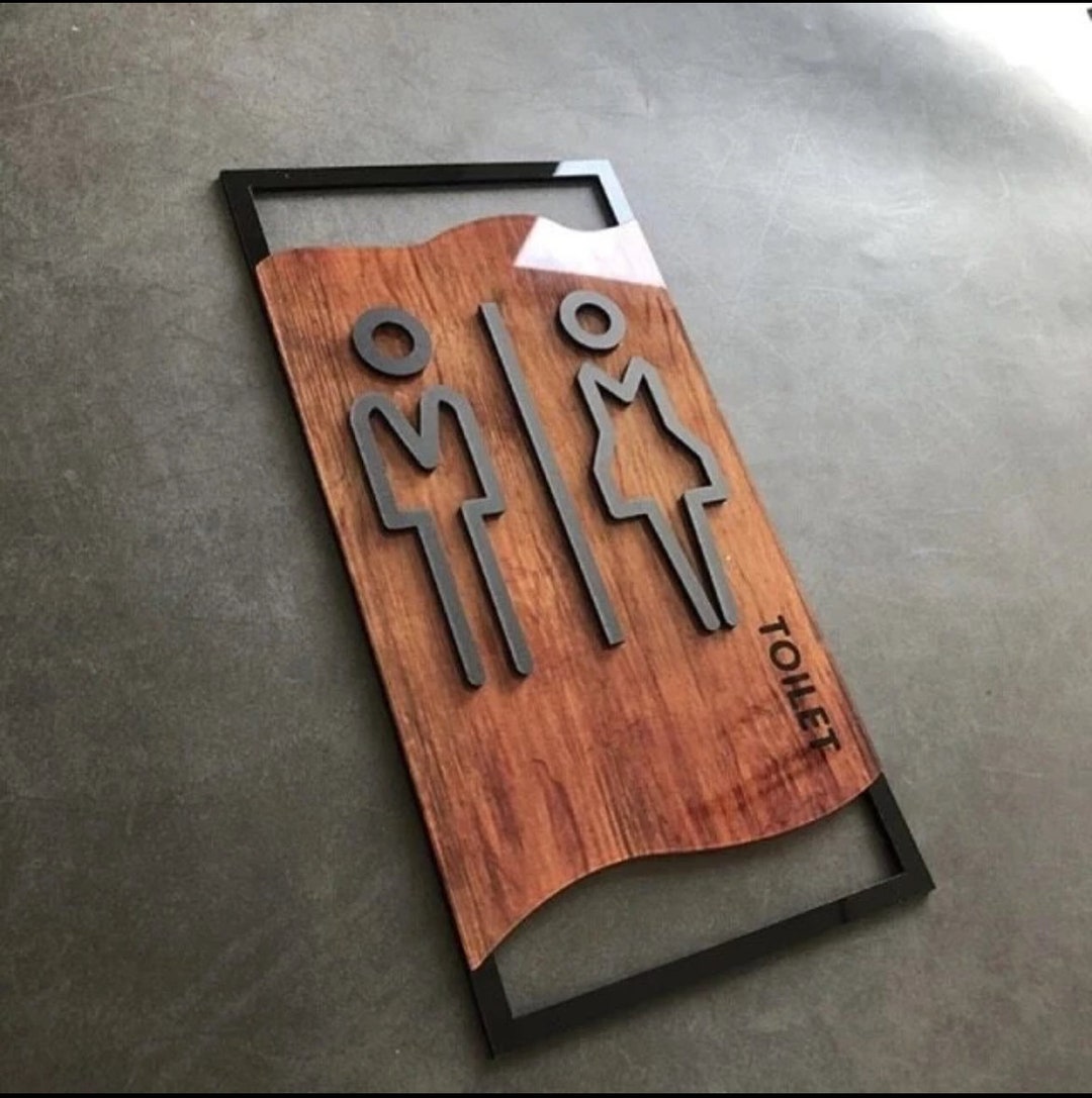 Bathroom Sign With Raised Figures, Laser Cut Acrylic on Wood, Restroom ...