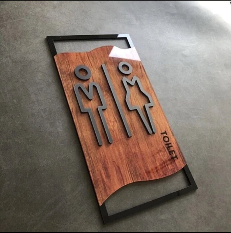 Bathroom Sign With Raised Figures, Laser Cut Acrylic on Wood, Restroom ...