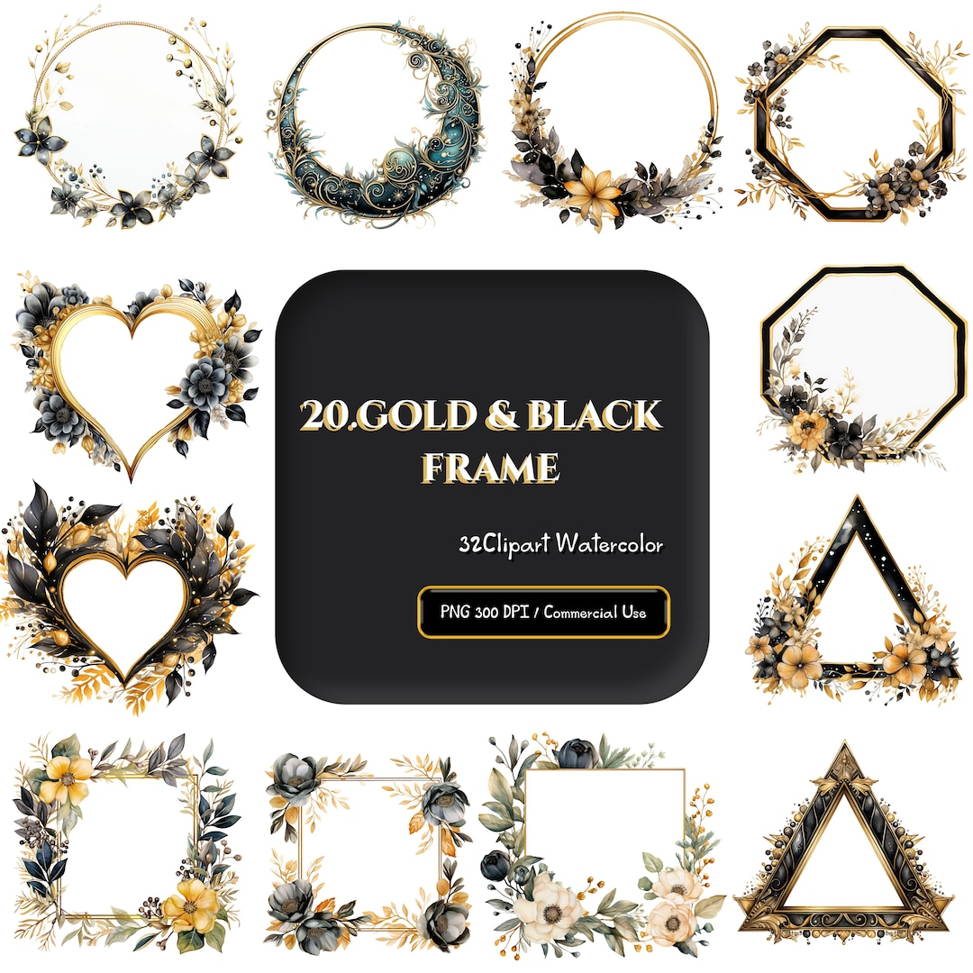 20.black and Gold Frame Clipart Bundle, Floral Frames Watercolor, PNG ...