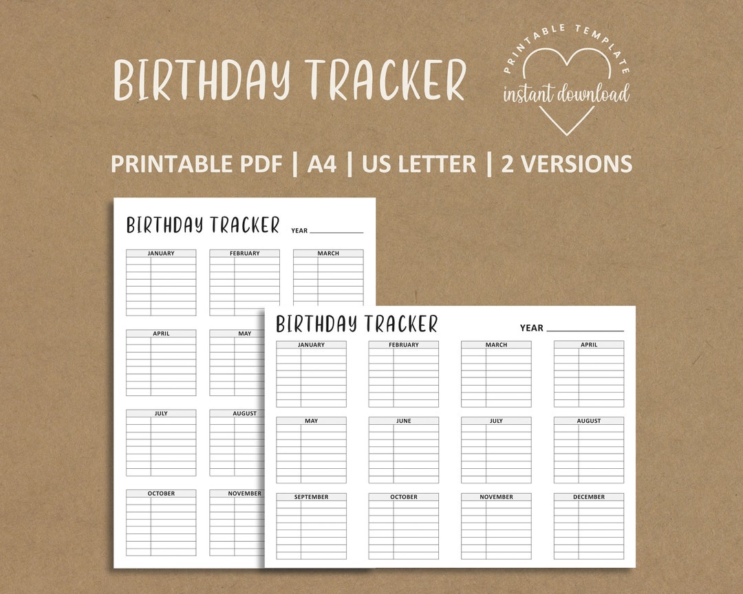 Birthday Tracker Template Printable Birthdays Calendar Birthdays ...