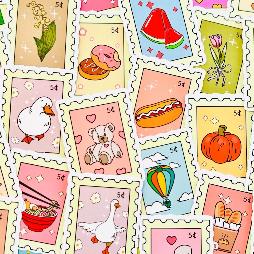 50 Cute Postage Stamps Stickers, Flowers & Food Stickers, Junk ...