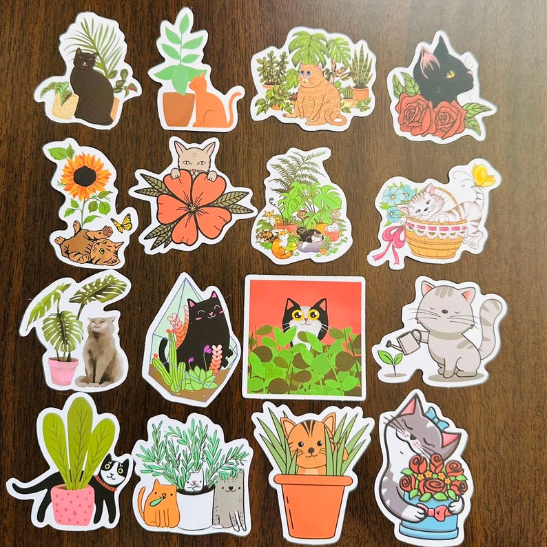 50 Cat & Plants Stickers (4) Kawaii Funny Gift Waterproof Stickers ...