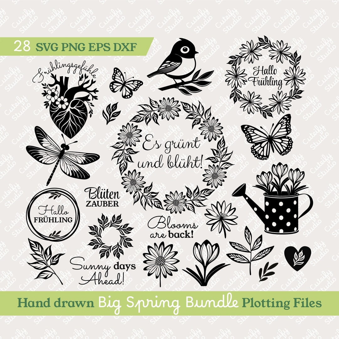 Hallo Frühling Ostern Plotterdatei, German Spring SVG Plotting Bundle, Flower Heart Bird ...