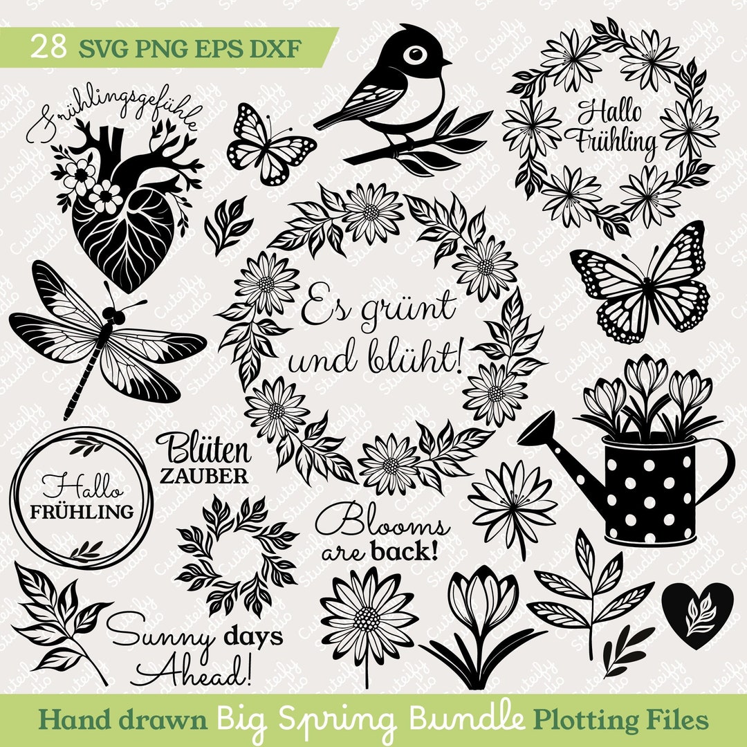 Hallo Frühling Ostern Plotterdatei, German Spring SVG Plotting Bundle, Flower Heart Bird ...