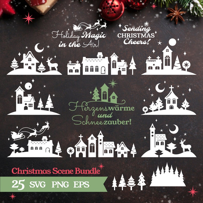 Weihnachten SVG Plotterdatei. Christmas Scene Designs SVG Bundle, German Lettering Plotter Laser ...