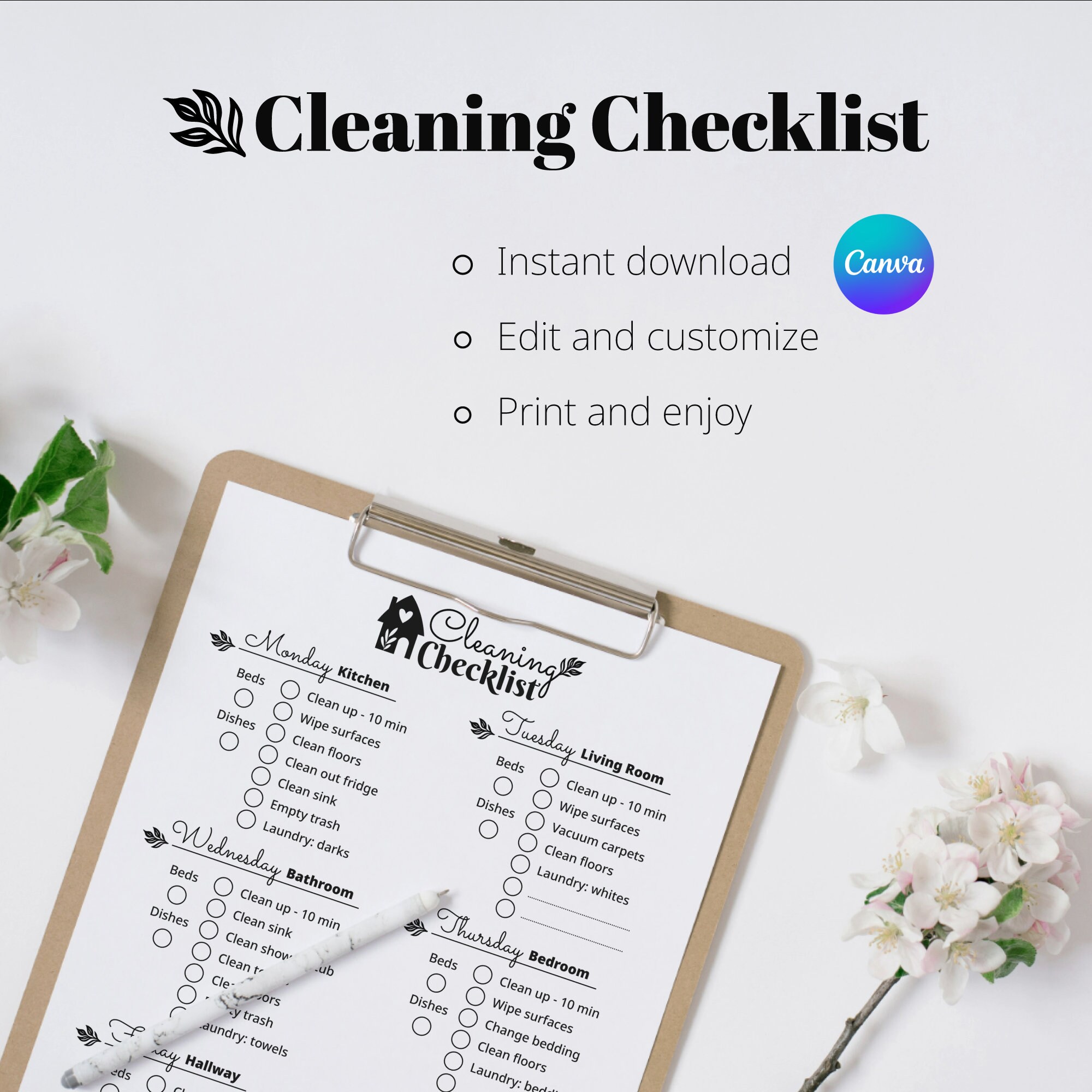 Minimalistic Cleaning Checklist, Editable Weekly Cleaning Schedule, to ...