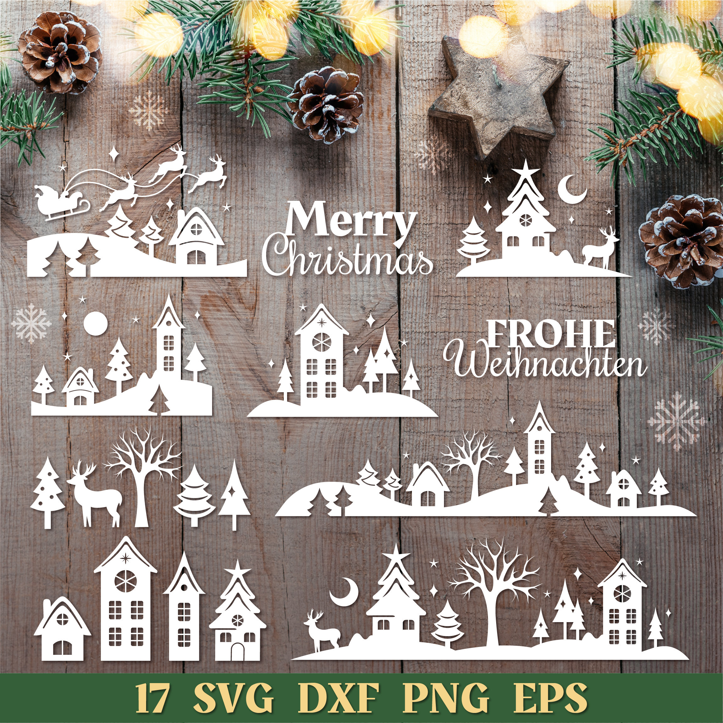 Weihnachtsszene SVG PNG EPS Bundle. Frohe Weihnachten Plotterdatei. Runde Weihnachten Motiv ...