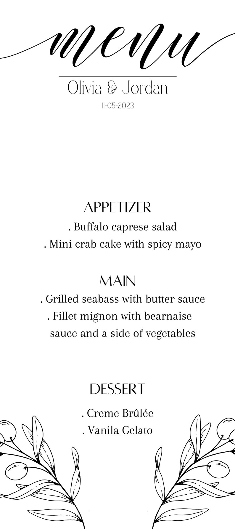 Minimalist Wedding Menu Template, Modern Script Wedding Dinner Menu ...