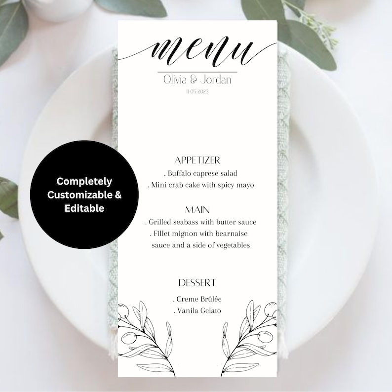 Minimalist Wedding Menu Template, Modern Script Wedding Dinner Menu ...