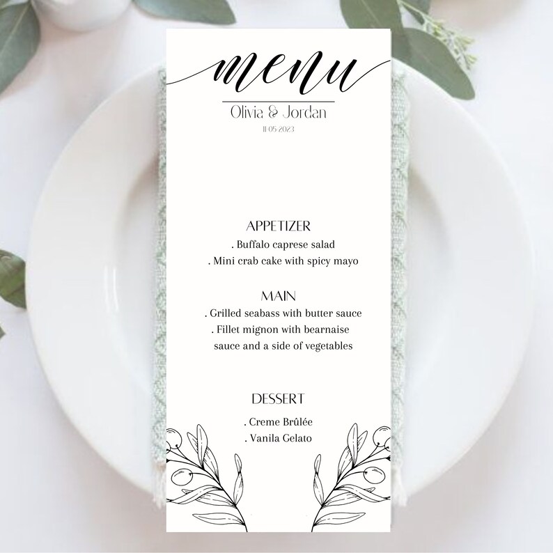 Minimalist Wedding Menu Template, Modern Script Wedding Dinner Menu ...