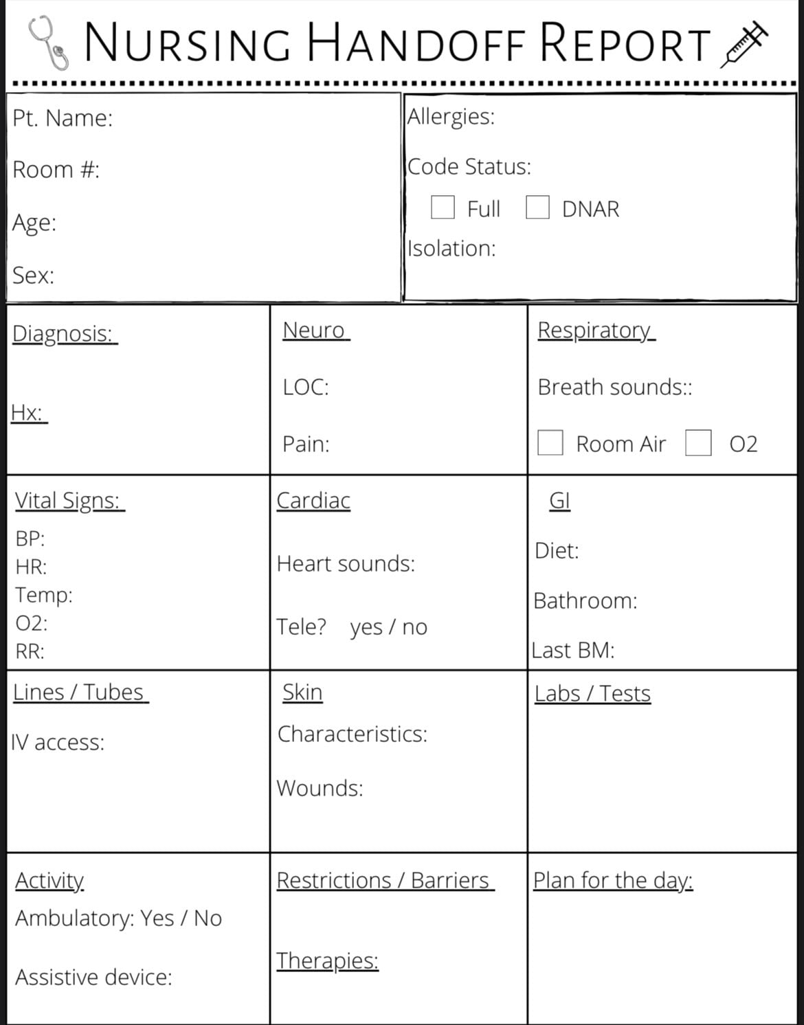 Nurse Handoff Sheet - Etsy