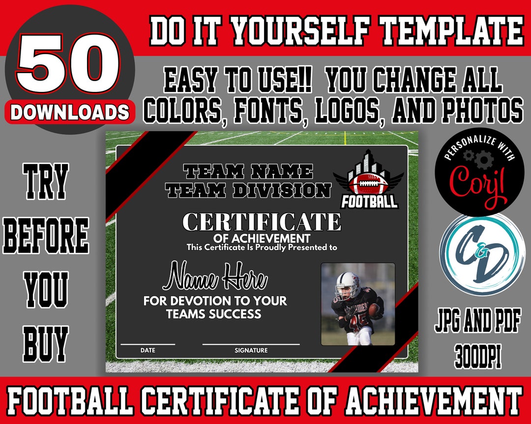 Personalized Football Certificate Template | Editable Sports Award ...
