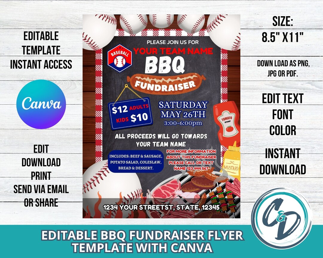 Baseball BBQ Fundraiser Flyer, Editable Baseball BBQ Cook Out ...